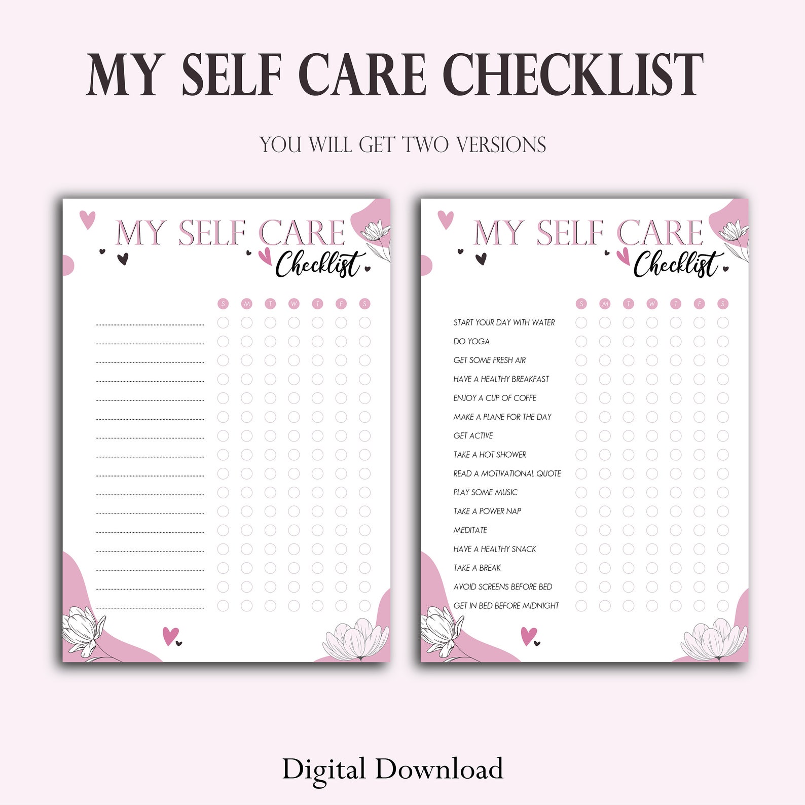 Pink Self Care Printable Checklist, Pink Feminine Abstract Floral Self ...