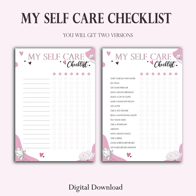 Pink Self Care Printable Checklist, Pink Feminine Abstract Floral Self ...
