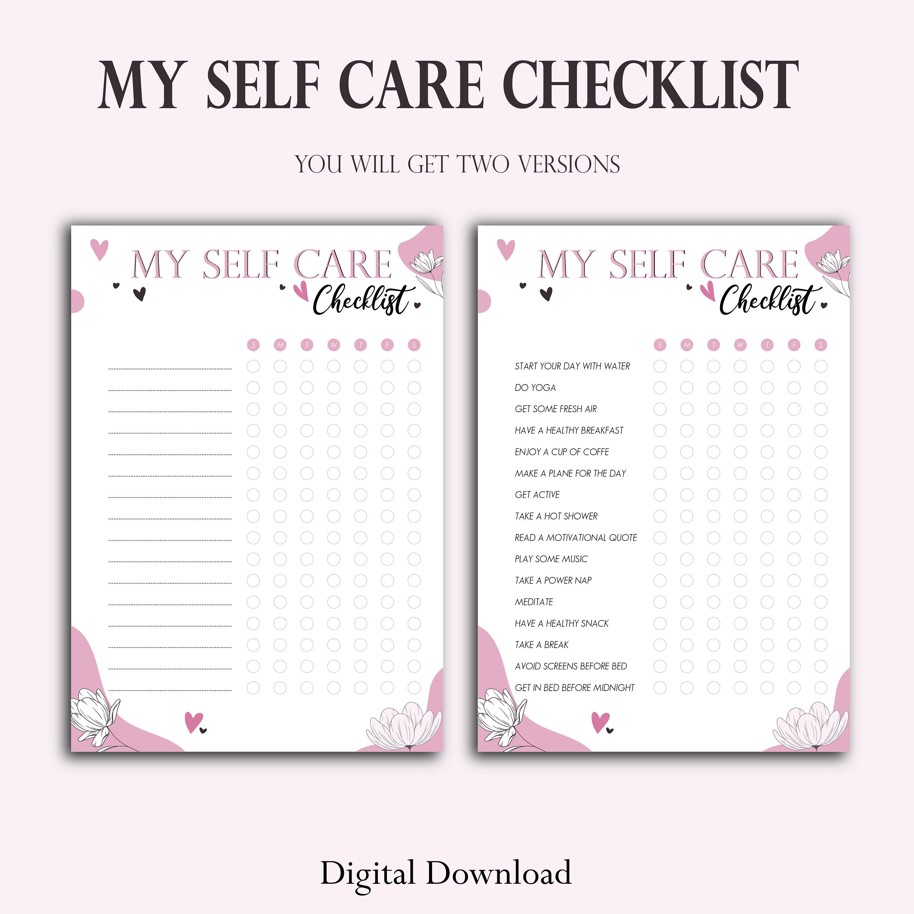 Pink Self Care Printable Checklist Pink Feminine Abstract Floral Self