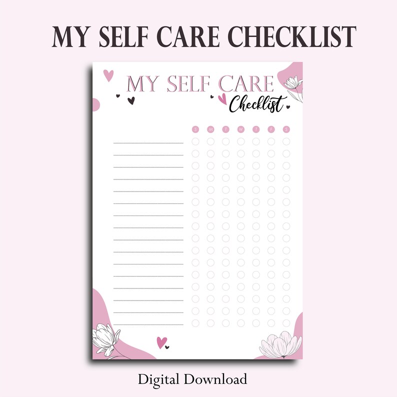 Pink Self Care Printable Checklist, Pink Feminine Abstract Floral Self ...