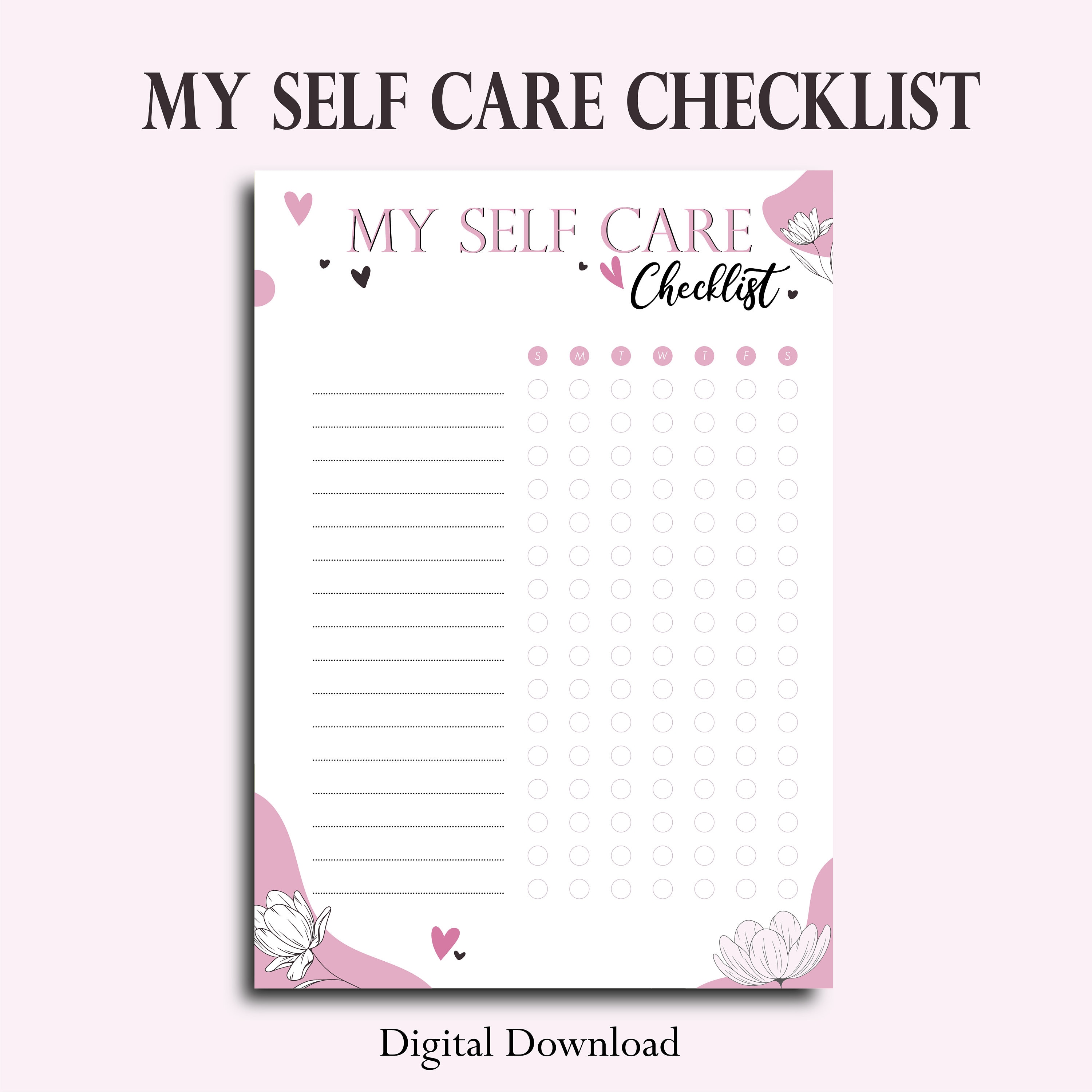 Pink Self Care Printable Checklist, Pink Feminine Abstract Floral Self ...