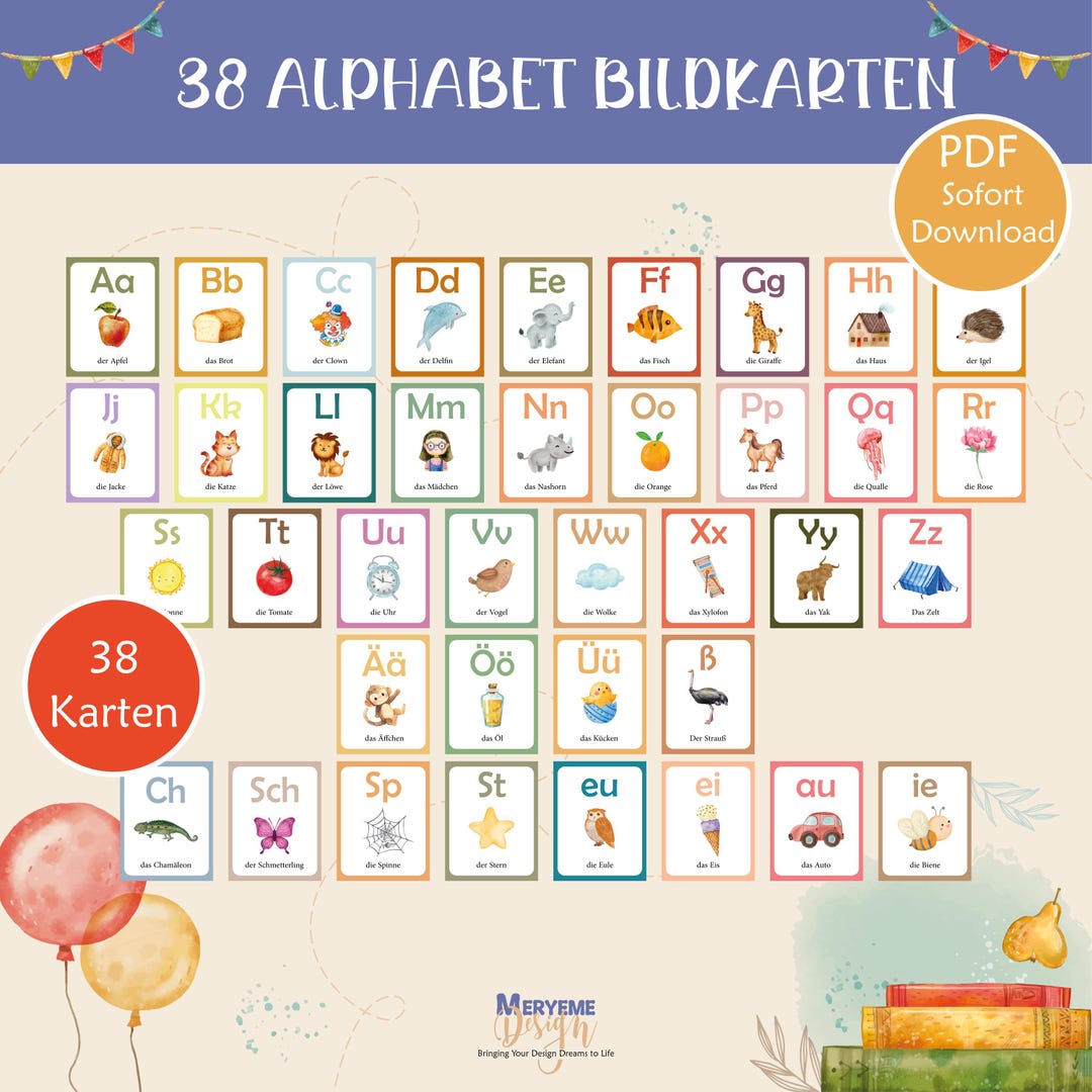 Colorful Alphabet Flashcards for Children | 38 Printable Cards | German ...