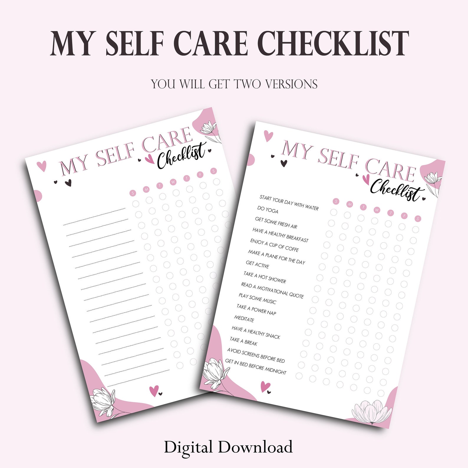 Pink Self Care Printable Checklist, Pink Feminine Abstract Floral Self ...