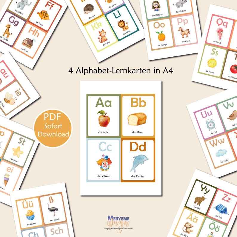 Colorful Alphabet Flashcards for Children | 38 Printable Cards | German ...