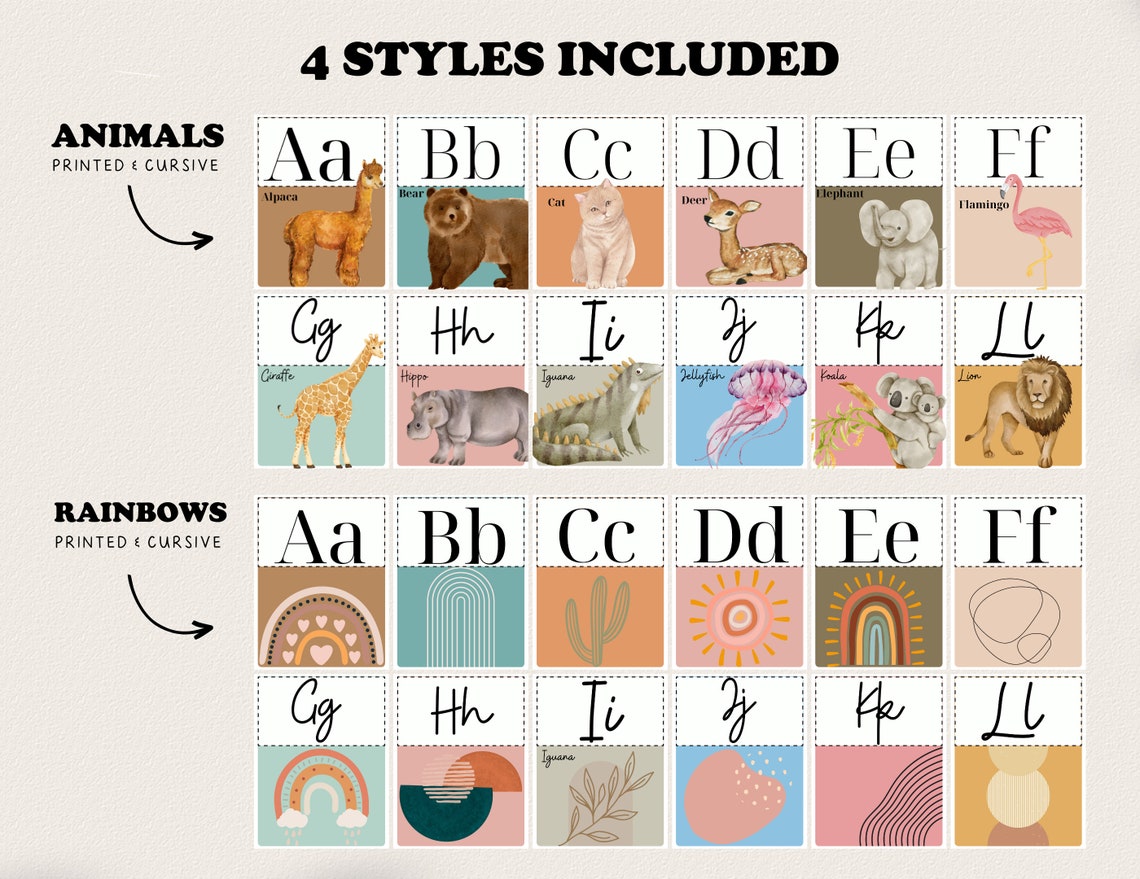 Classroom Alphabet Posters, Animal Alphabet, Boho Rainbow, Kindergarten + Preschool Classroom ...