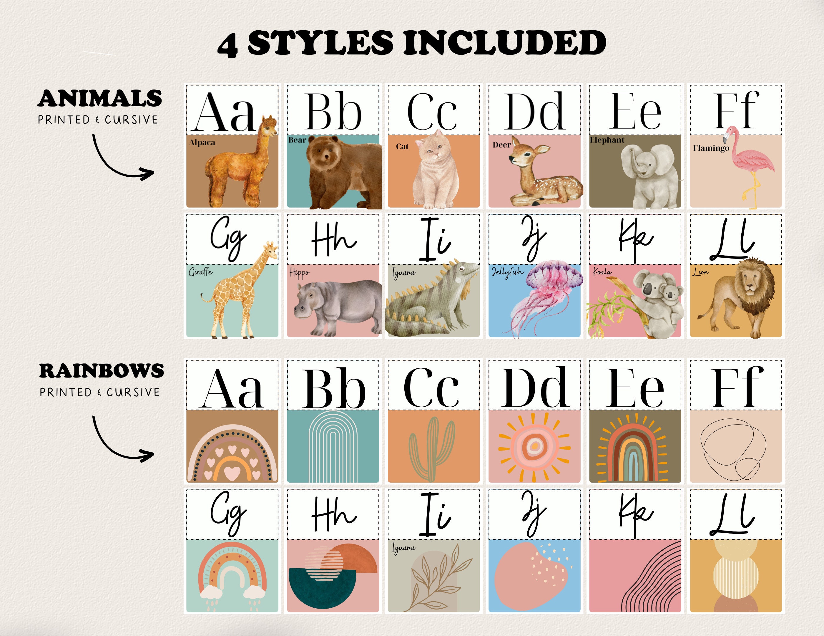 Classroom Alphabet Posters, Animal Alphabet, Boho Rainbow, Kindergarten ...