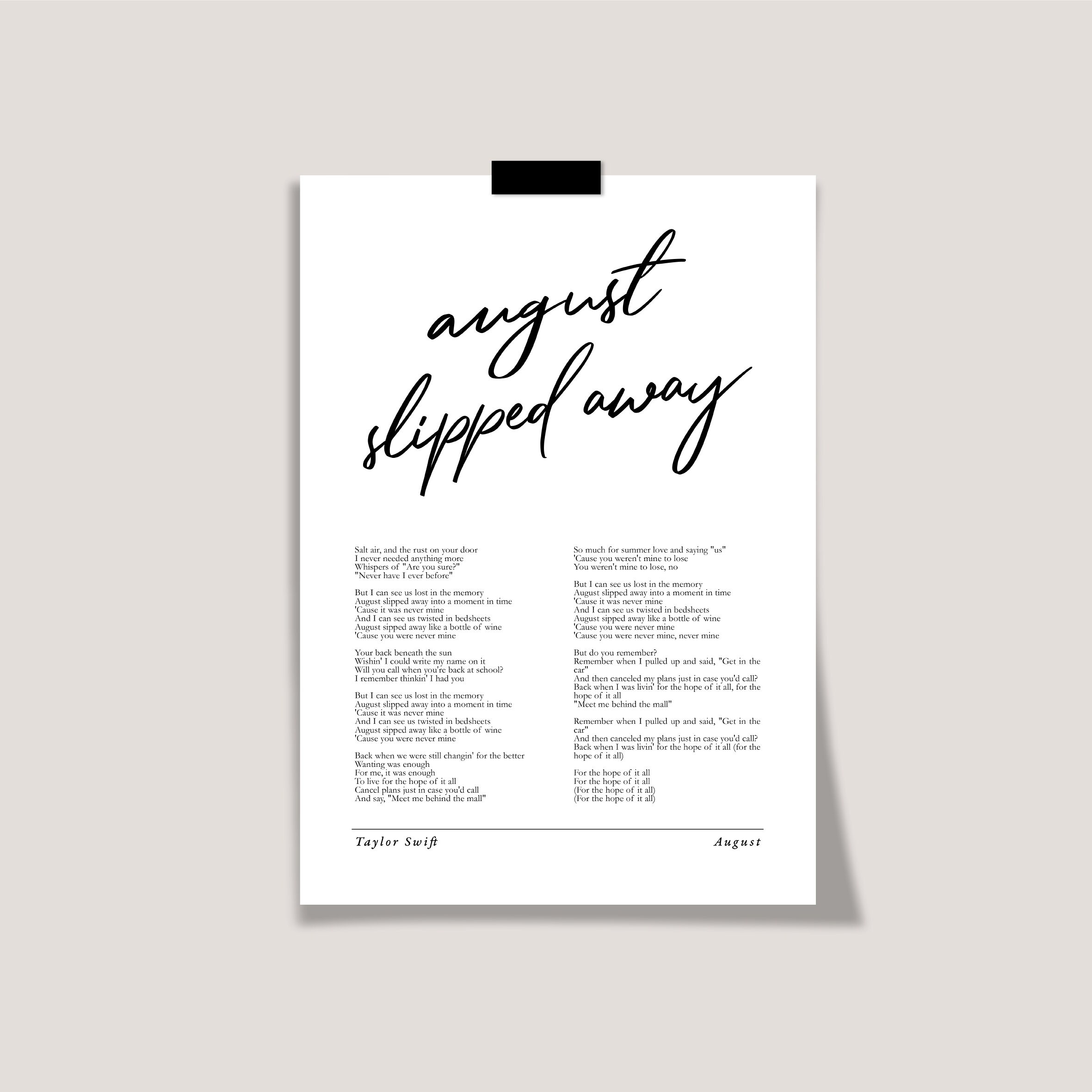 August Song Lyrics Taylor Swift Folklore Print Black and White Wall Art ...