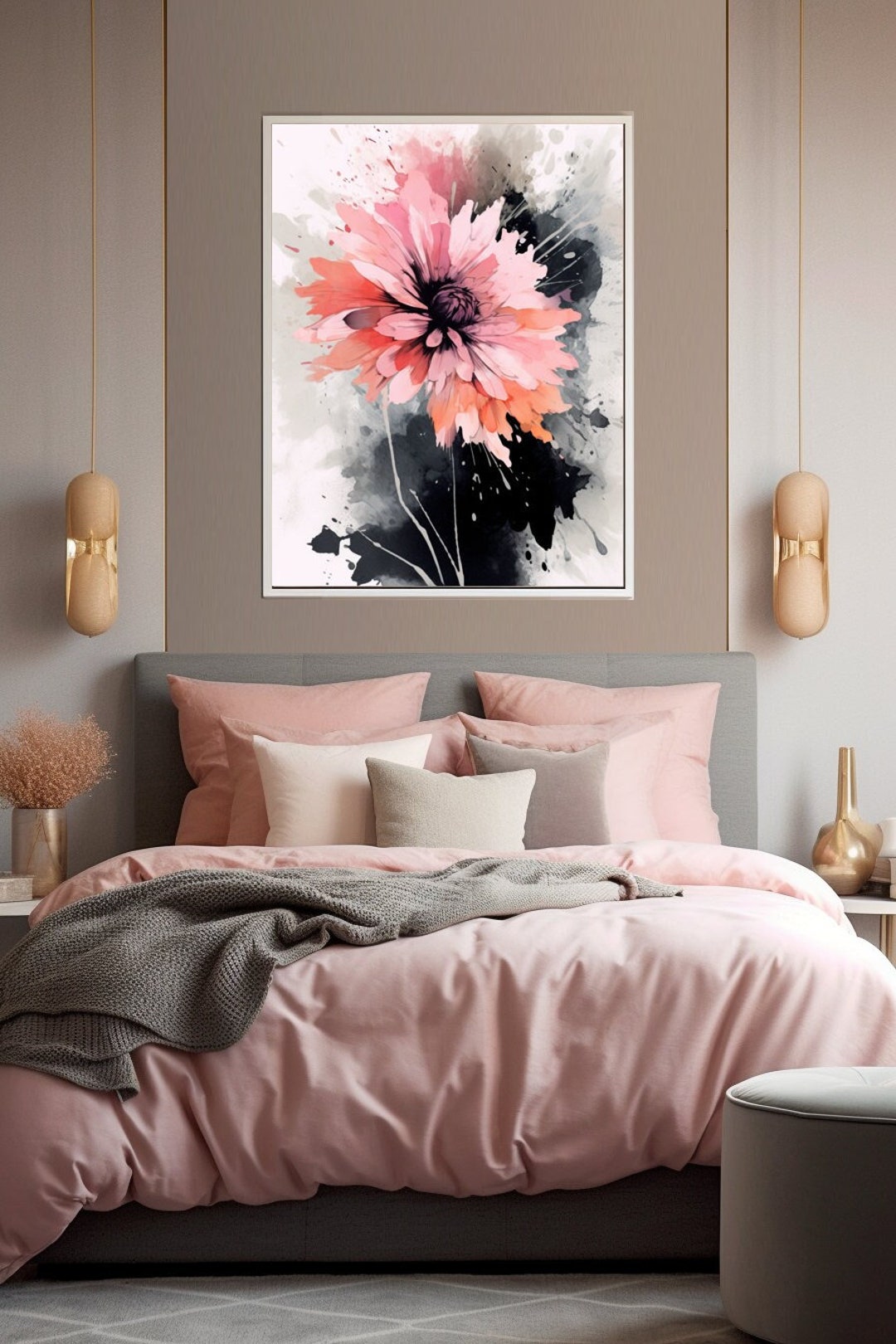 Aquarelle Flower Pink and Black Peony Digital Print Picture Printable ...