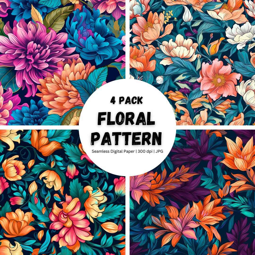 4 Pack Floral Seamless Digital Pattern | Botanical Blooms, Digital ...