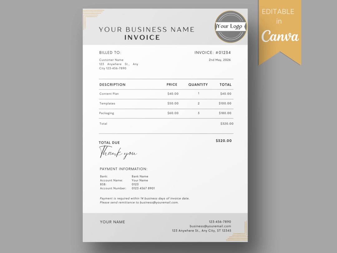 Invoice Template, Editable, Small Business Invoice Template Printable ...