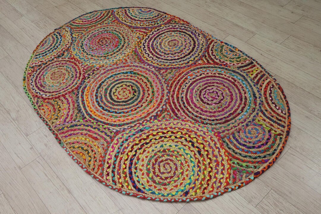 Oval Chindi Cotton Rug Briaded Jute Area Rug Hand Woven Jute Dhurrie ...