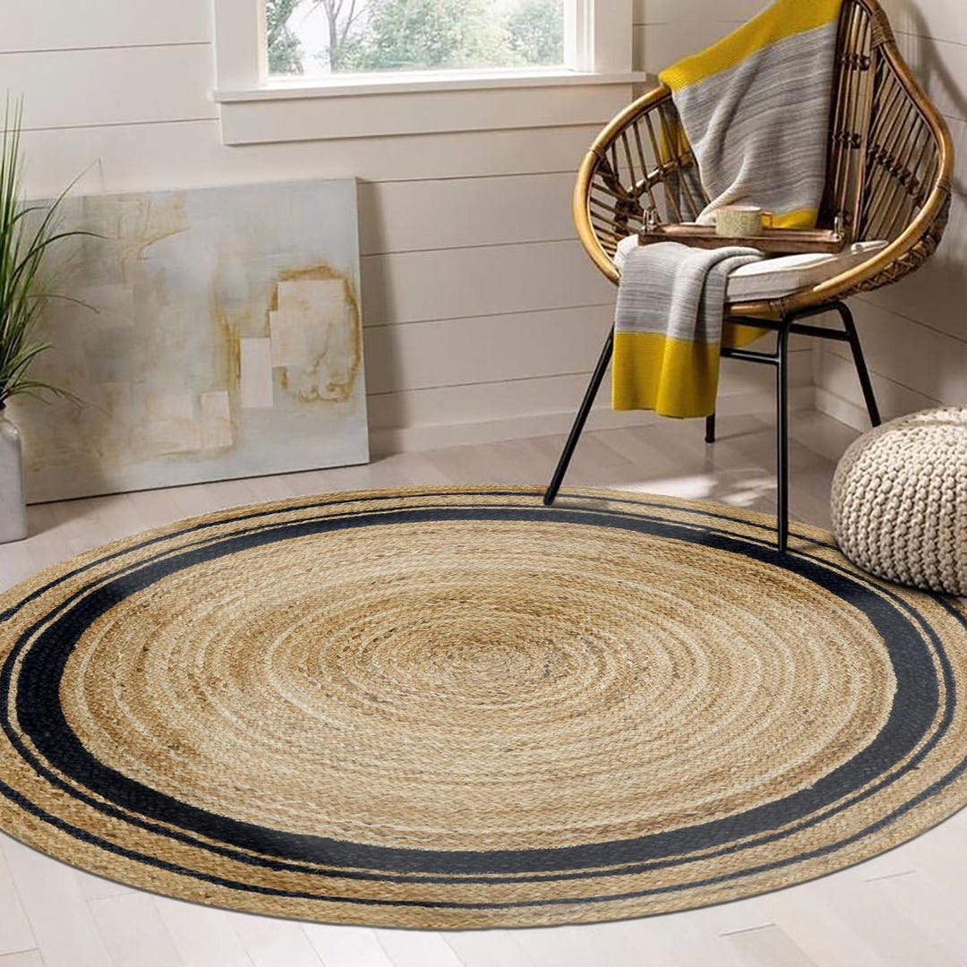 Circle Jute Rug Beige Black Border, Round Hand Braided Bohemian Carpet ...
