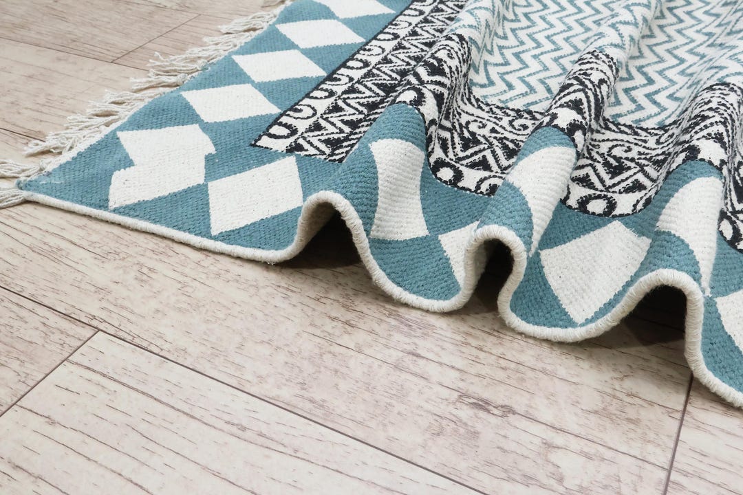 Teal Green Hand Block Print Area Rug Natural Beautiful Cotton Rug Home ...