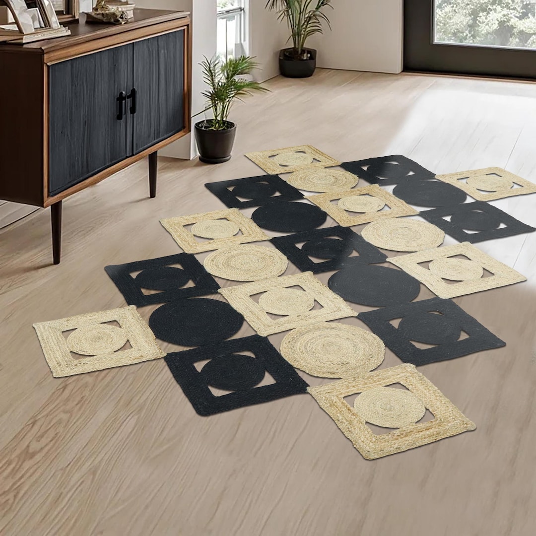 Black Beige Jute Runner Rug Hand Braided Cotton Geometric Boho Dhurrie ...