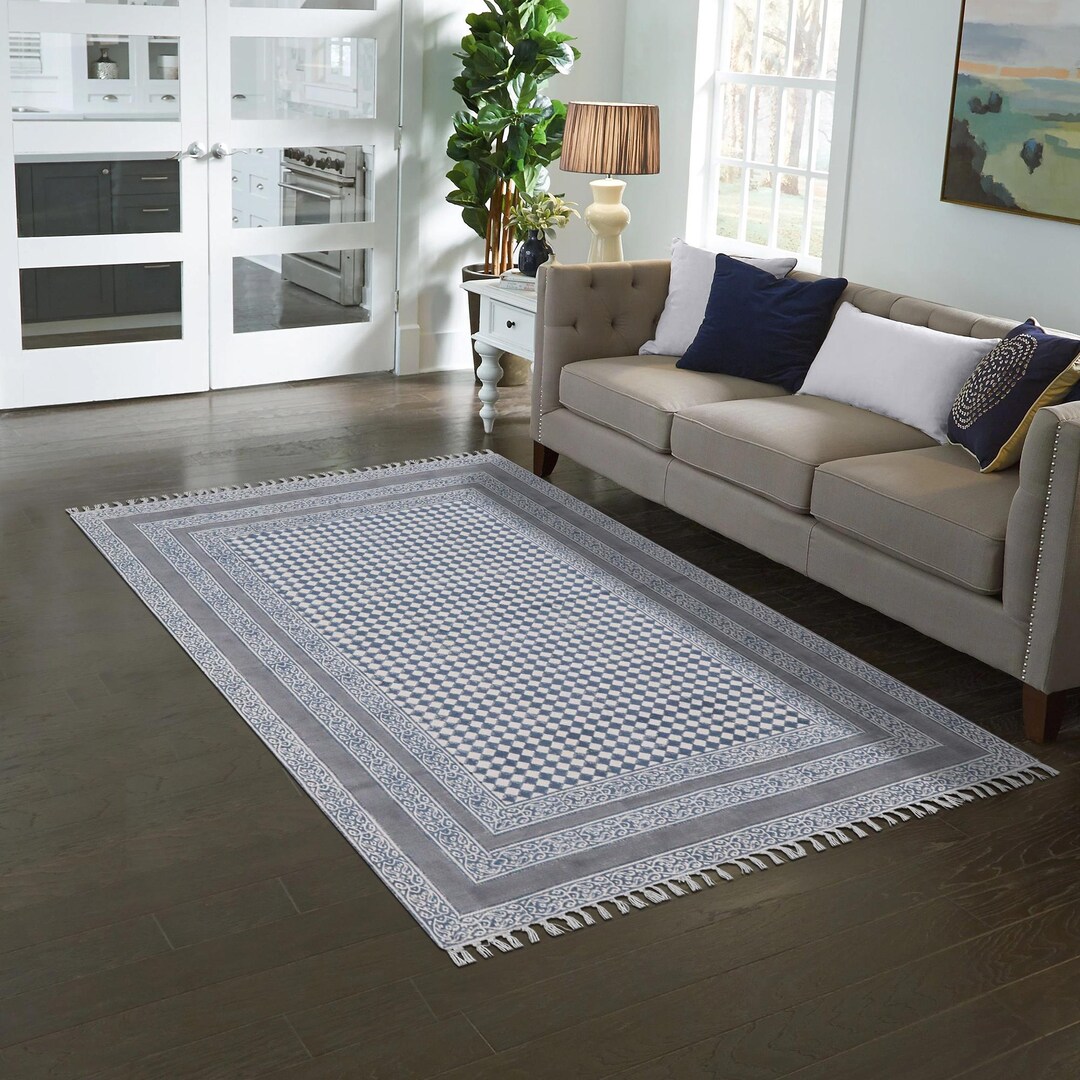 Gray Beige Cotton Rug, Hand Block Printed Dhurrie, Washable Boho Area ...