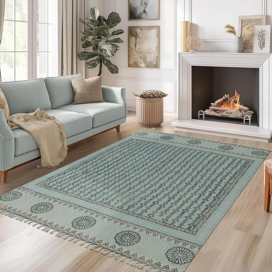 Bedroom Turquoise Blue Rug Washable Boho Rug Cotton Area Rug Geometric ...