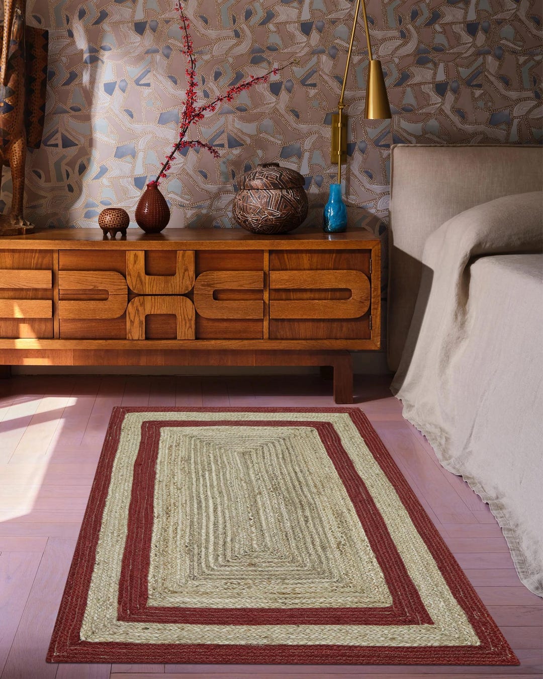 Boho Farmhouse Jute Rug Handmade Beige Red Geometric Carpet - Etsy