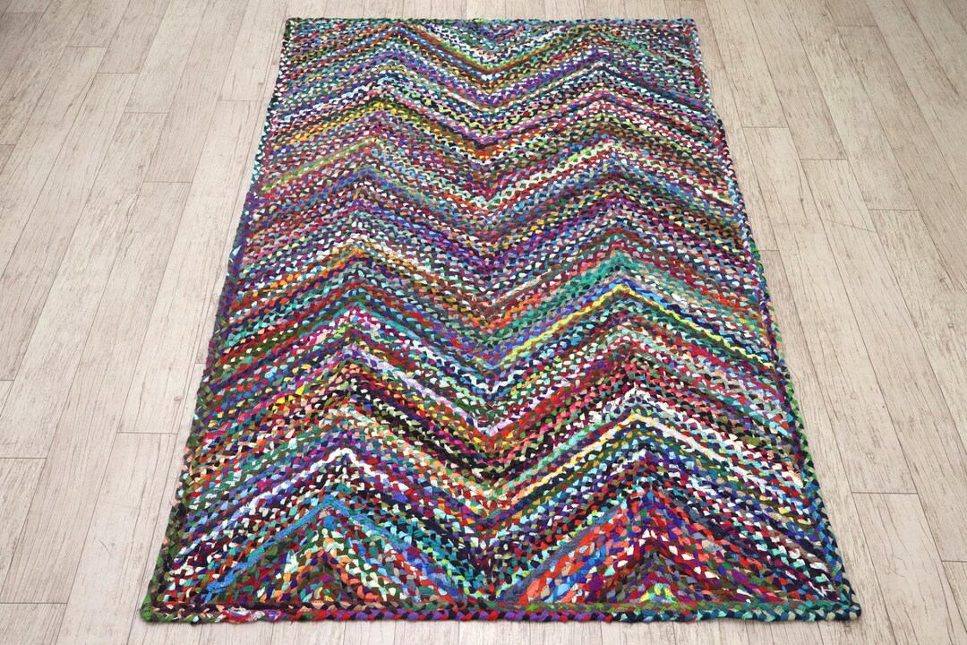 Handmade Chindi Cotton Rug Multicolor Braided Rectangle Rug Rustic Area ...