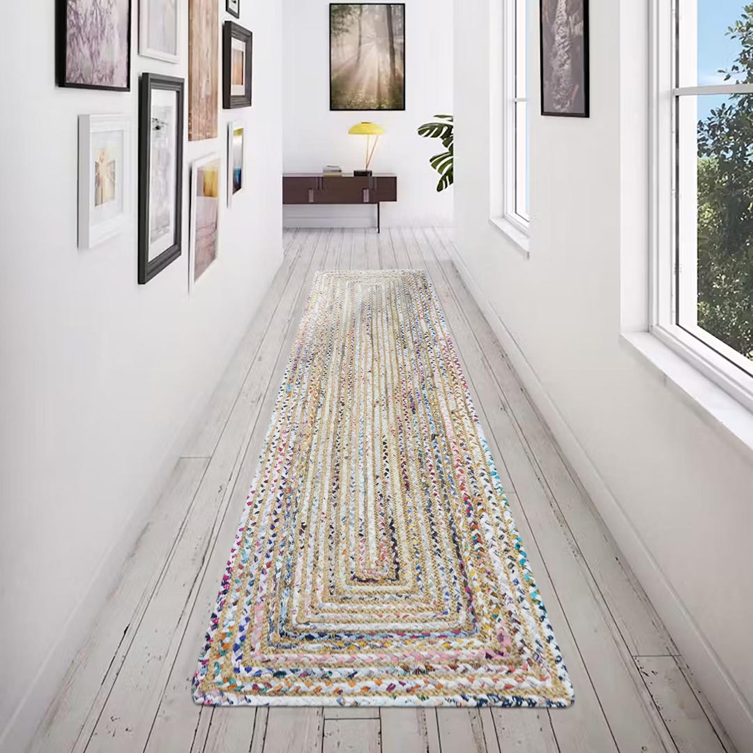 Indian Handmade Natural Fiber Jute Rug, Hand Braided Multicolor Beige ...