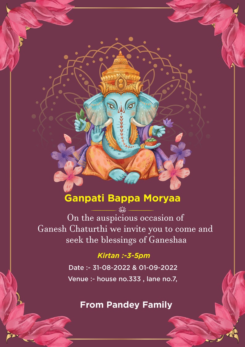 Ganpati Bappa Deisgner Invitation Card Ganesh Chaturthi - Etsy