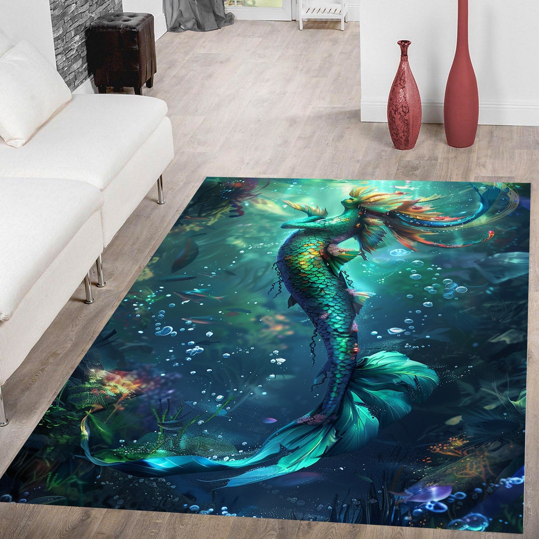 Mermaid Pattern Rug: Colorful Nautical Decor, Sea Life Area Rug - Etsy