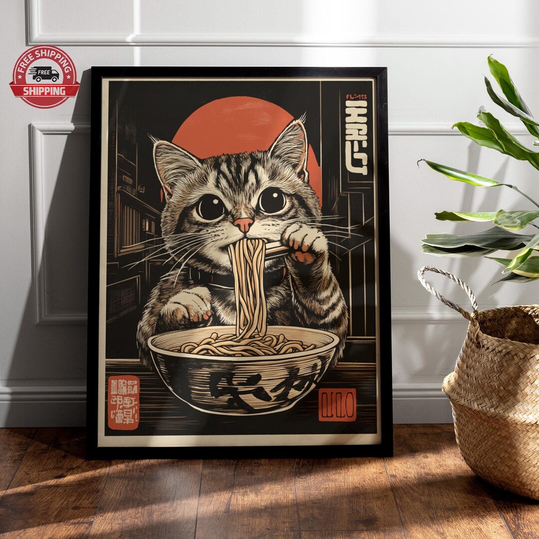 Vintage Cat Eating Noodles Poster, Retro Wall Art, Cat Kitchen Decor ...