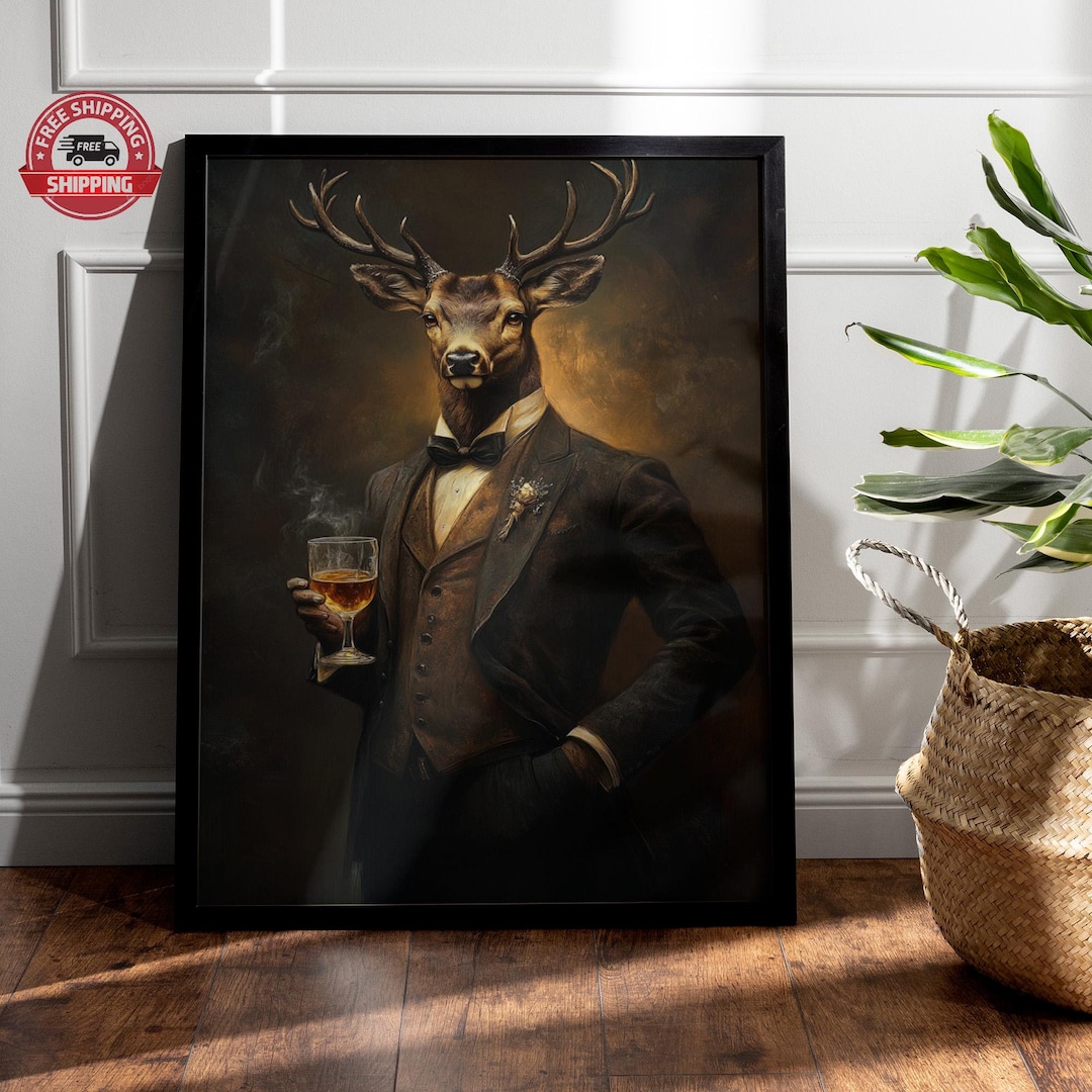 Animal Decor Poster Gift, Stag Drinking Whisky Wall Art Print, Vintage ...