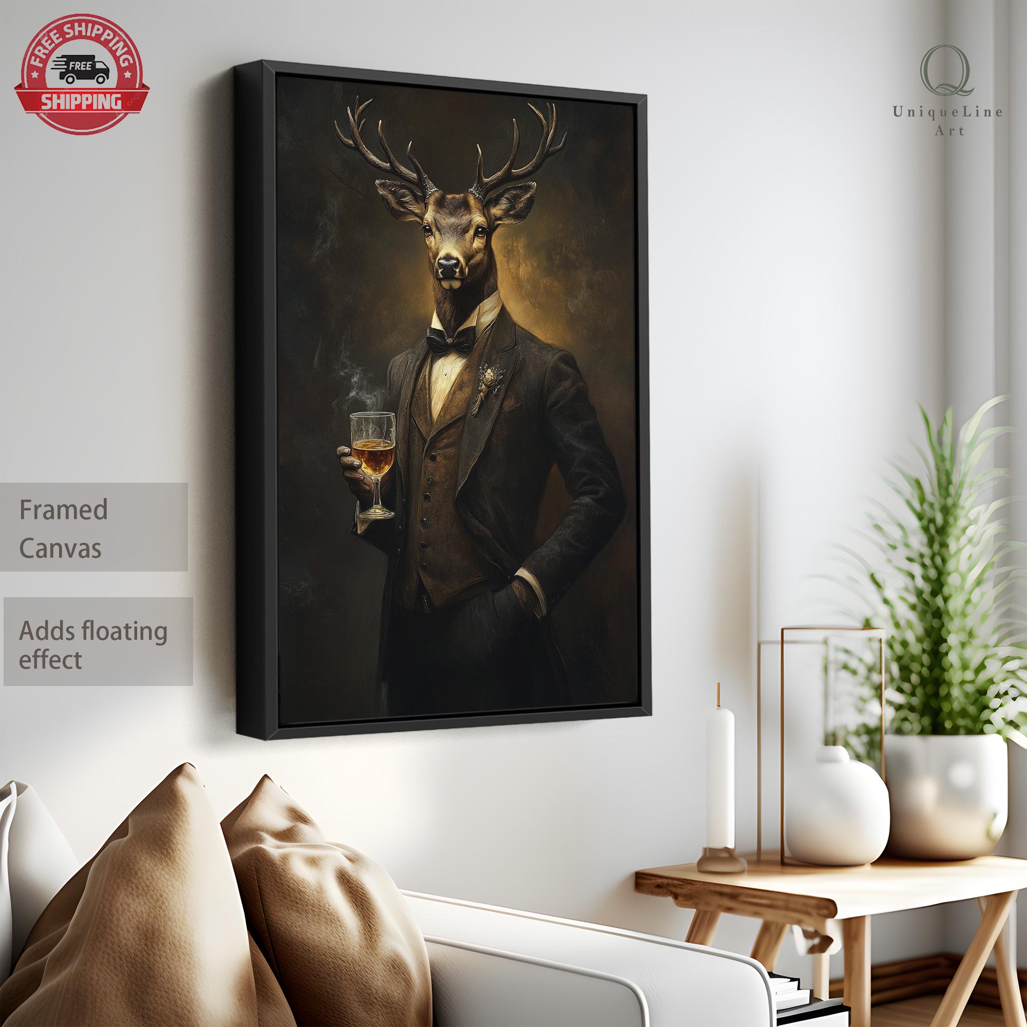 Stag Drinking Whisky Wall Art Print // Vintage Painting Style Portrait ...