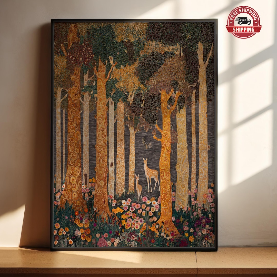 Gustav Klimt Inspired Autumn Forest Canvas Art: Vintage Botanical Print ...