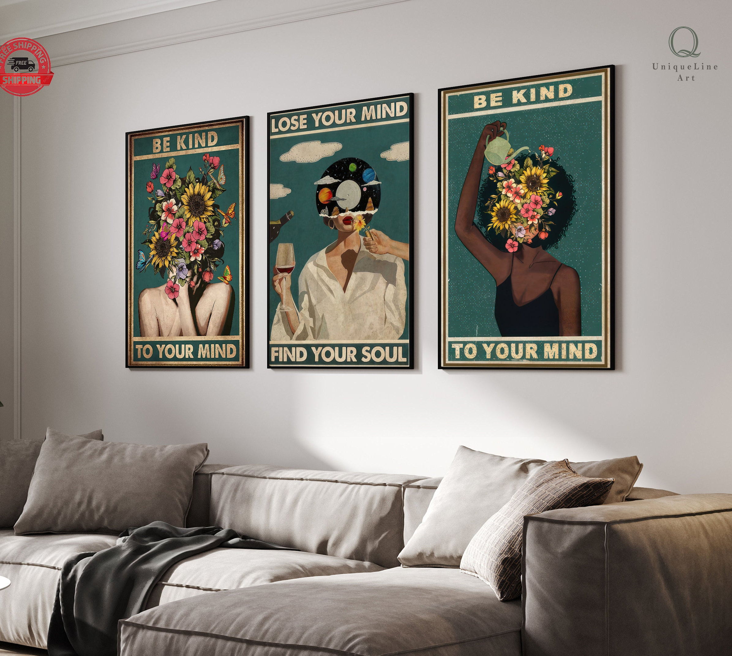 Set of 3 Be Kind to Your Mind Vintage Poster, Lose Your Mind Print, Be ...