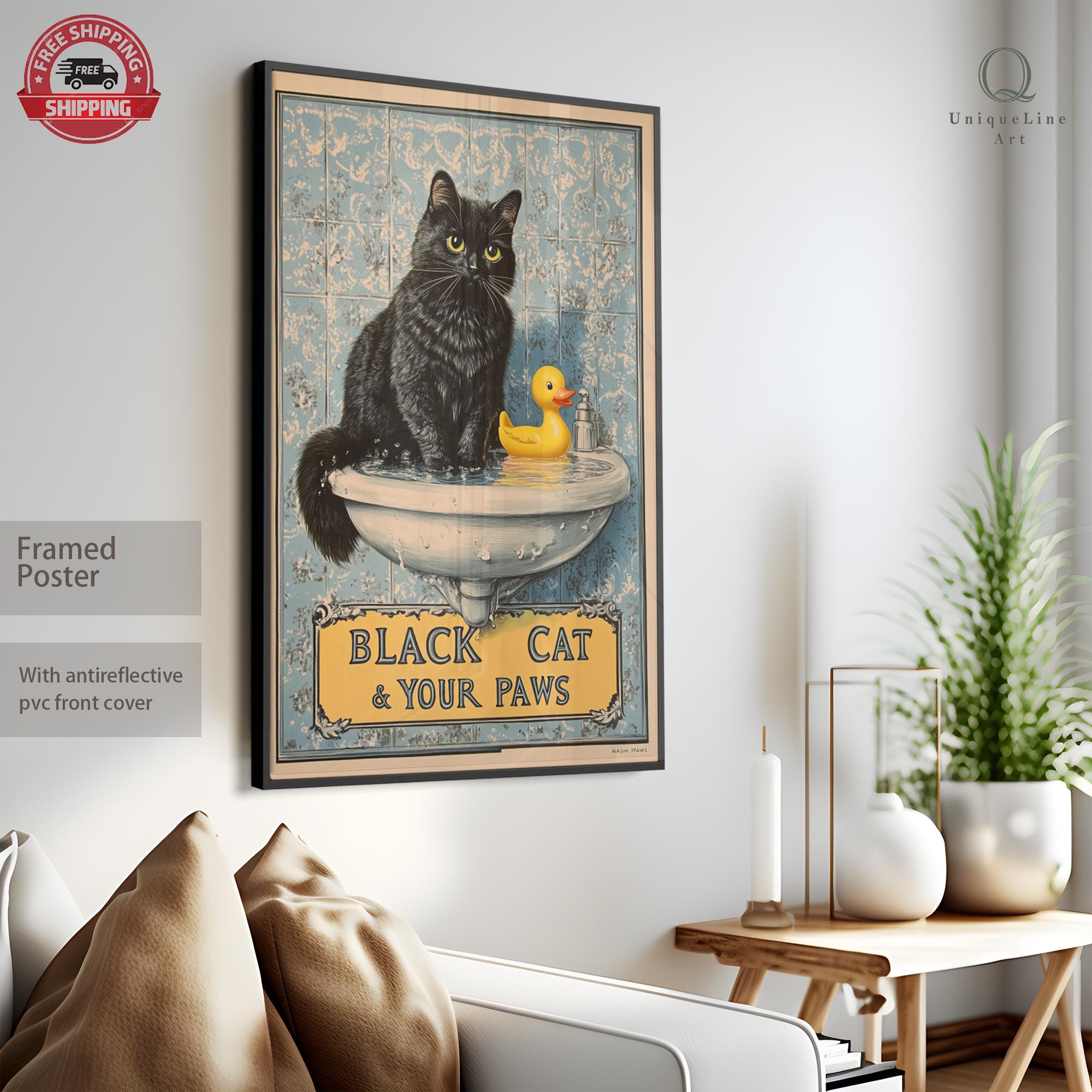 Black Cat Wash Paws Poster: Vintage Bathroom Decor Art - Etsy