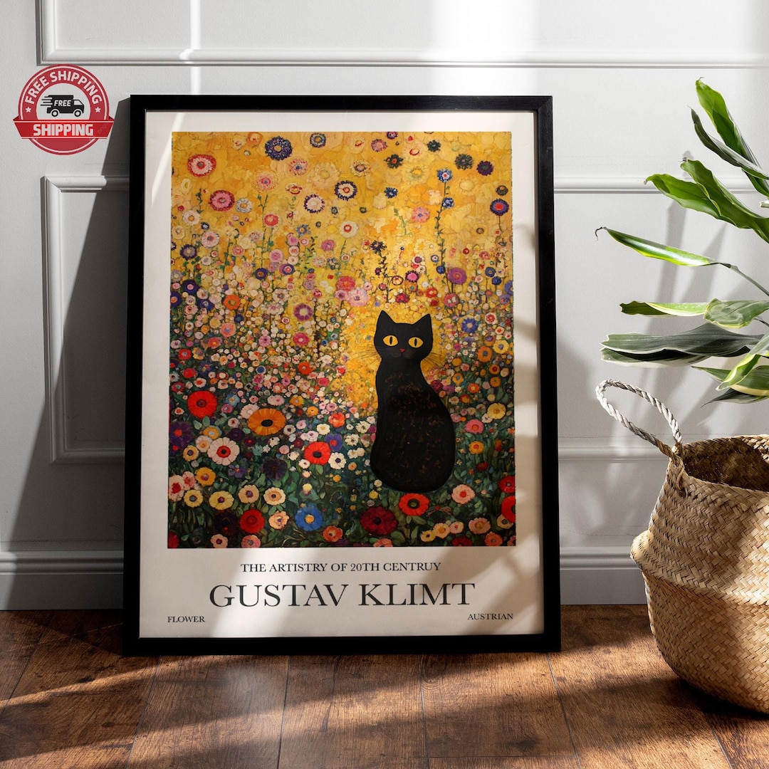 Gustav Klimt Garden Cat Print, Klimt Flowers Cat Poster, Black Cat Art ...