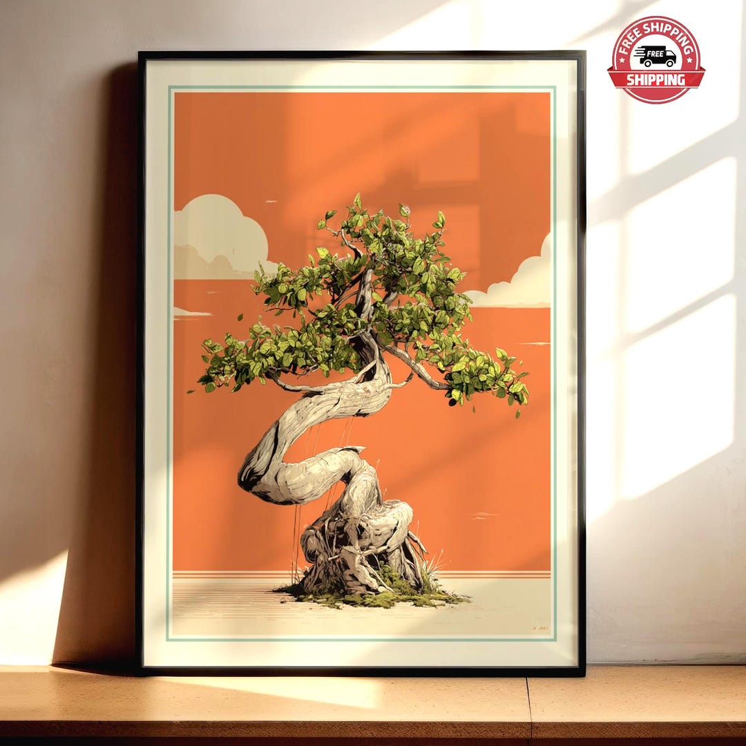 Orange Okinawa Print: Japan Travel Poster, Gajumaru Bonsai Tree - Etsy