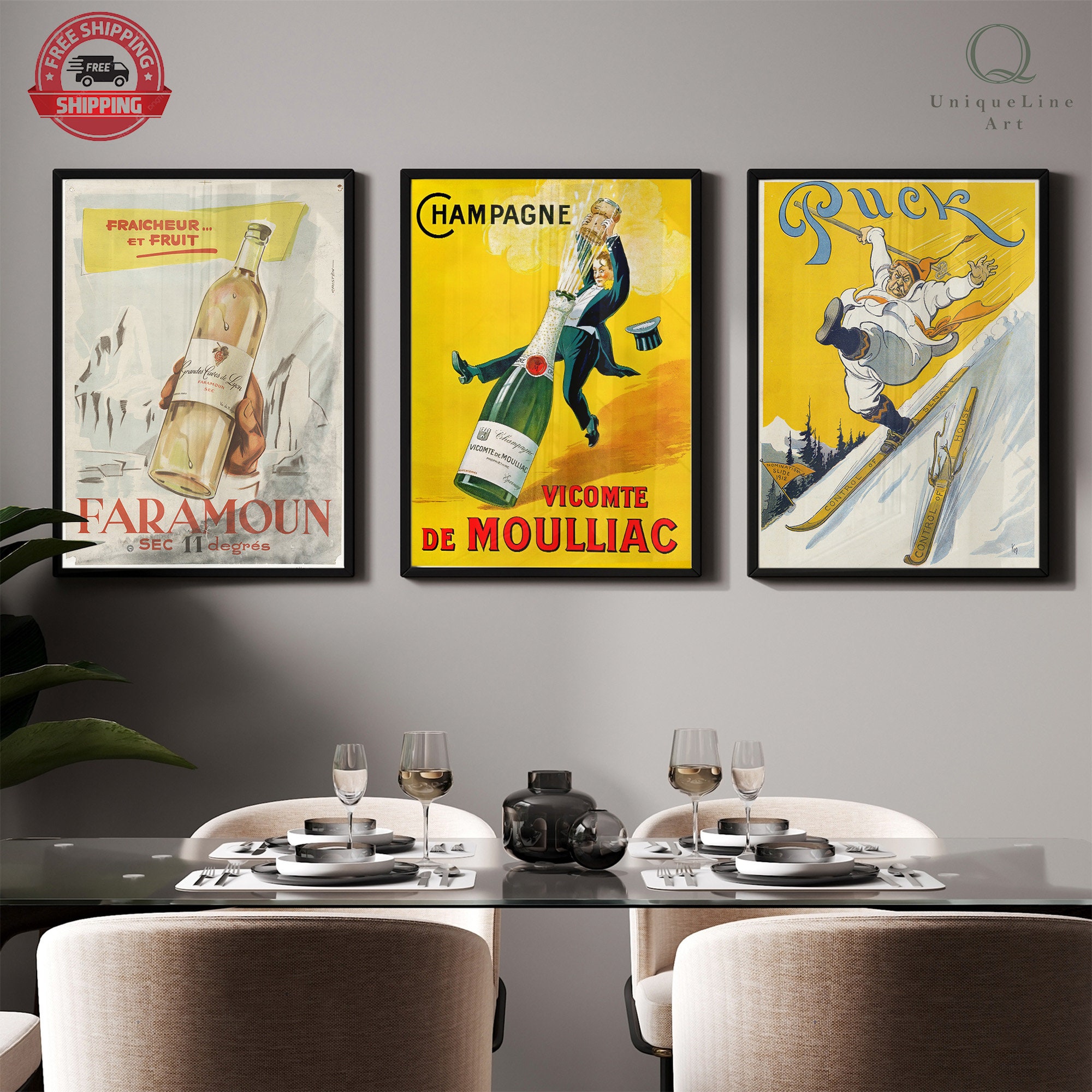 Vintage Alcohol Poster, Set of 3 Prints, Champagne Vintage Poster Print ...