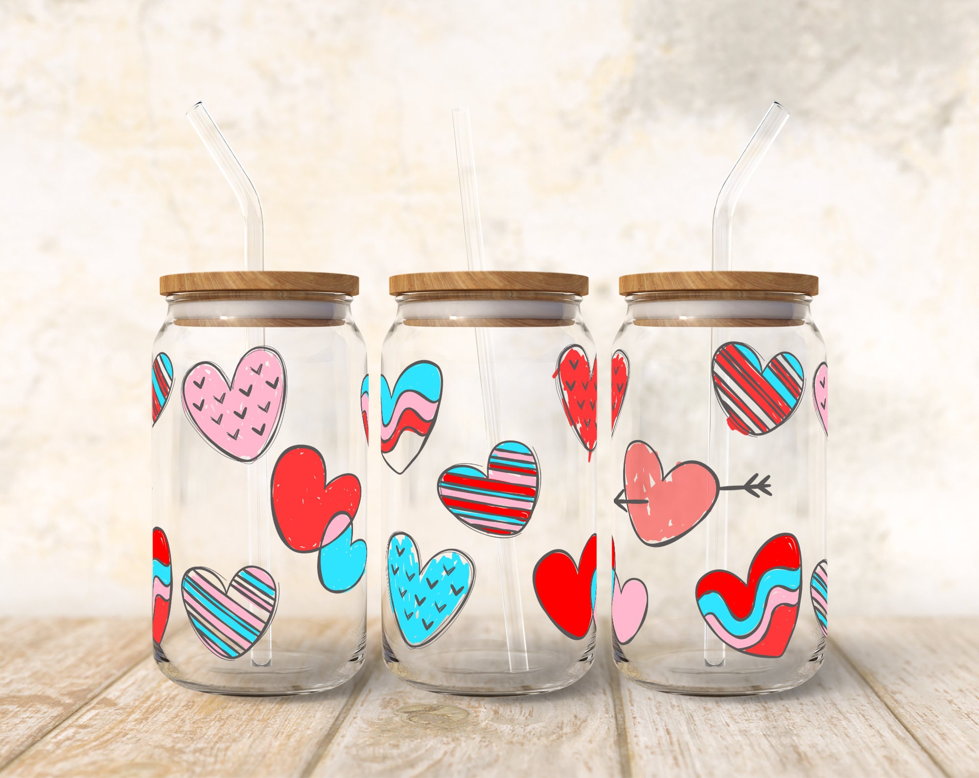 Hand Drawn Hearts 16oz Libbey Glass Wrap, Frosted Glass Can Full ...
