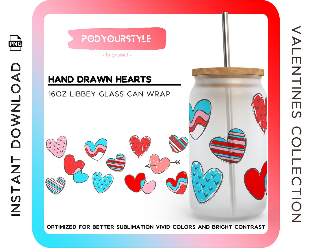 Hand Drawn Hearts 16oz Libbey Glass Wrap, Frosted Glass Can Full ...