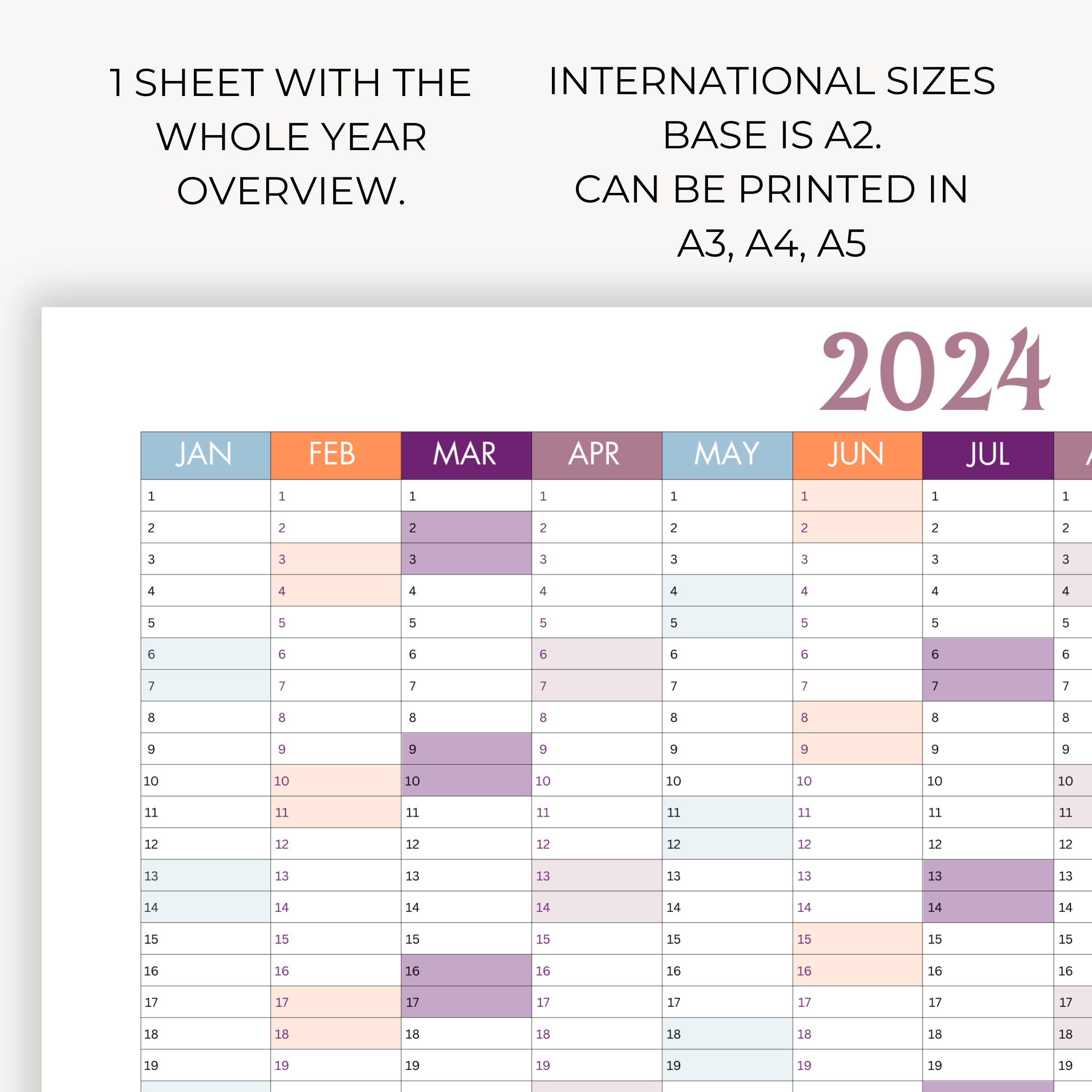 Vivid Color Yearly Calendar 2024, Printable One Page Calendar, Floral ...