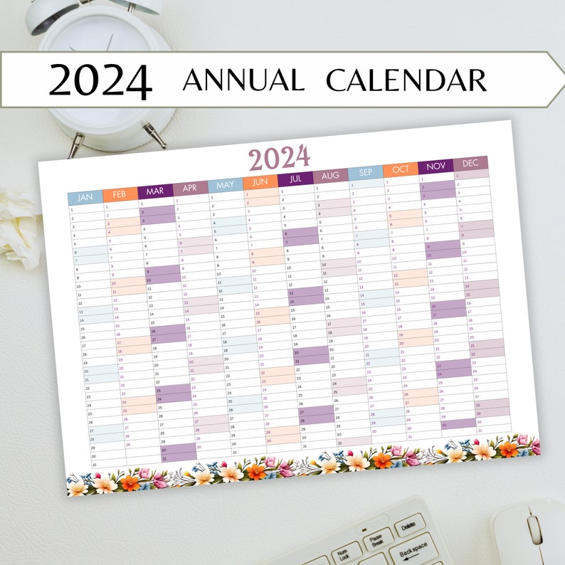Vivid Color Yearly Calendar 2024, Printable One Page Calendar, Floral ...