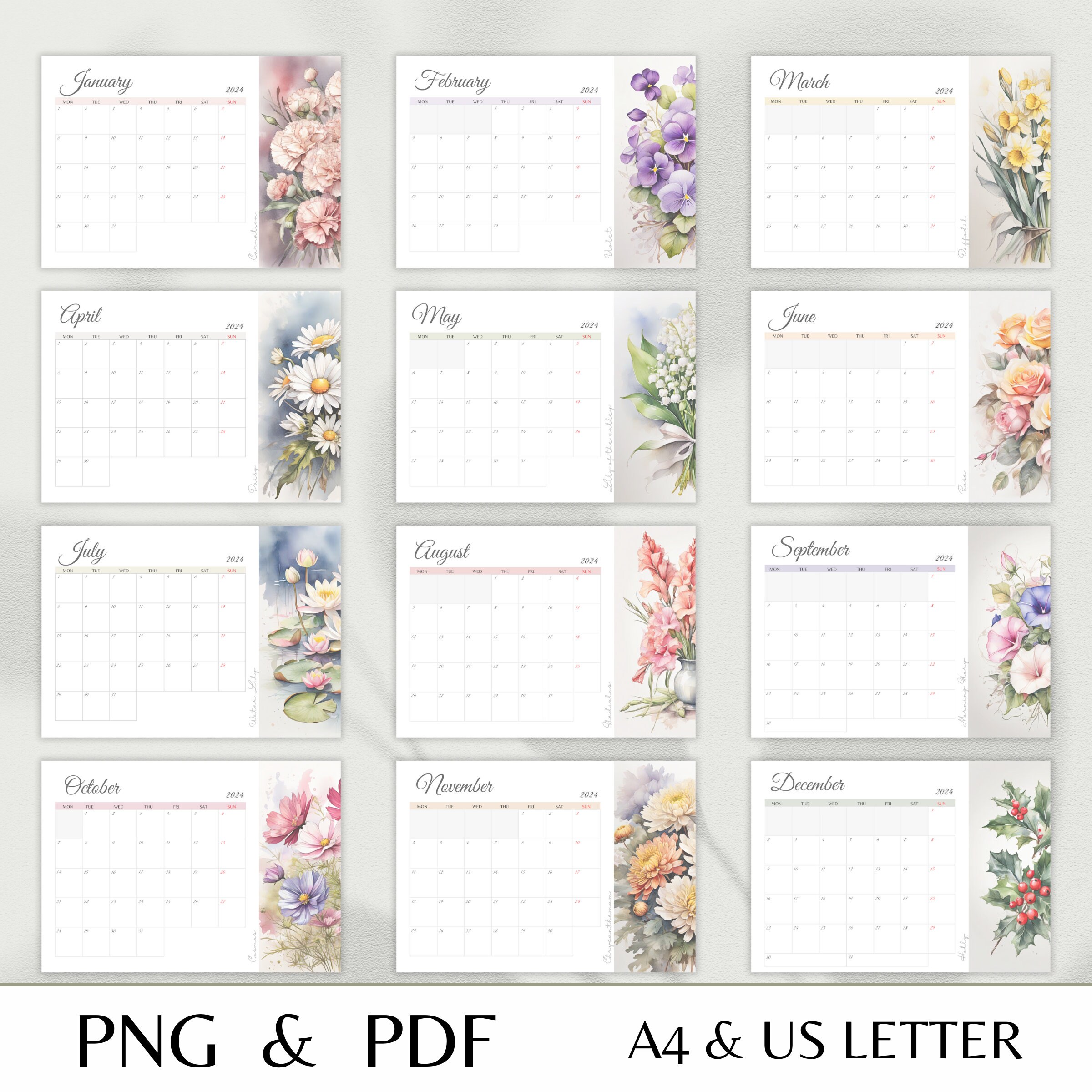 Birth Flower Calendar 2024 Printable Flower Calendar Yearly - Etsy