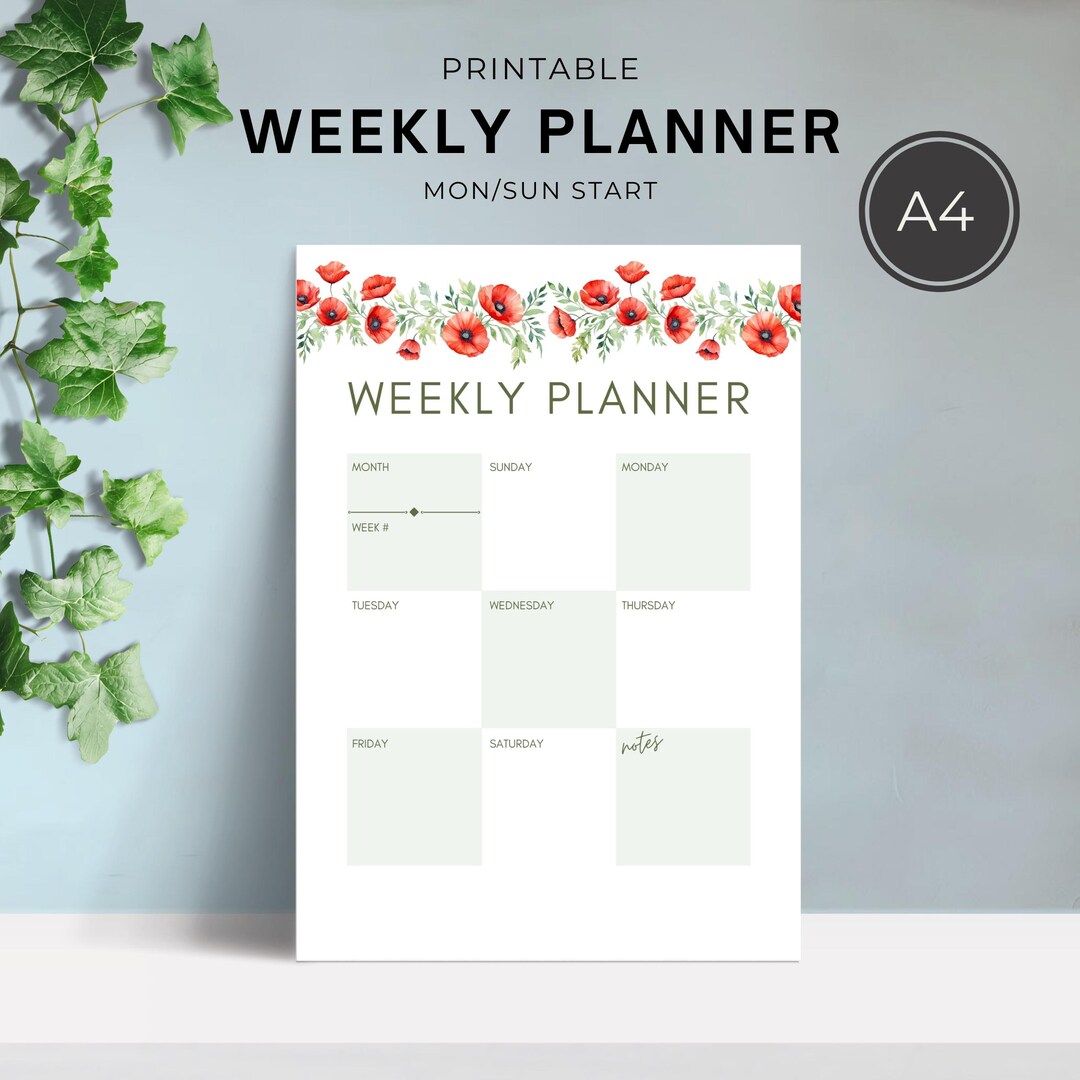 Poppy Flower Weekly Planner: A4 Printable PDF (monday Start, Student ...
