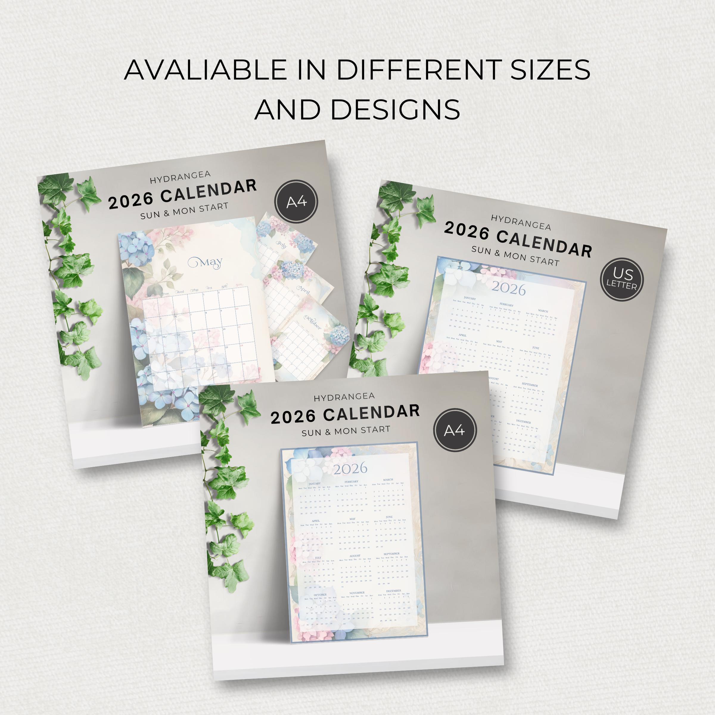 2026 Hydrangea Calendar: Floral Wall Planner, US Letter (digital ...