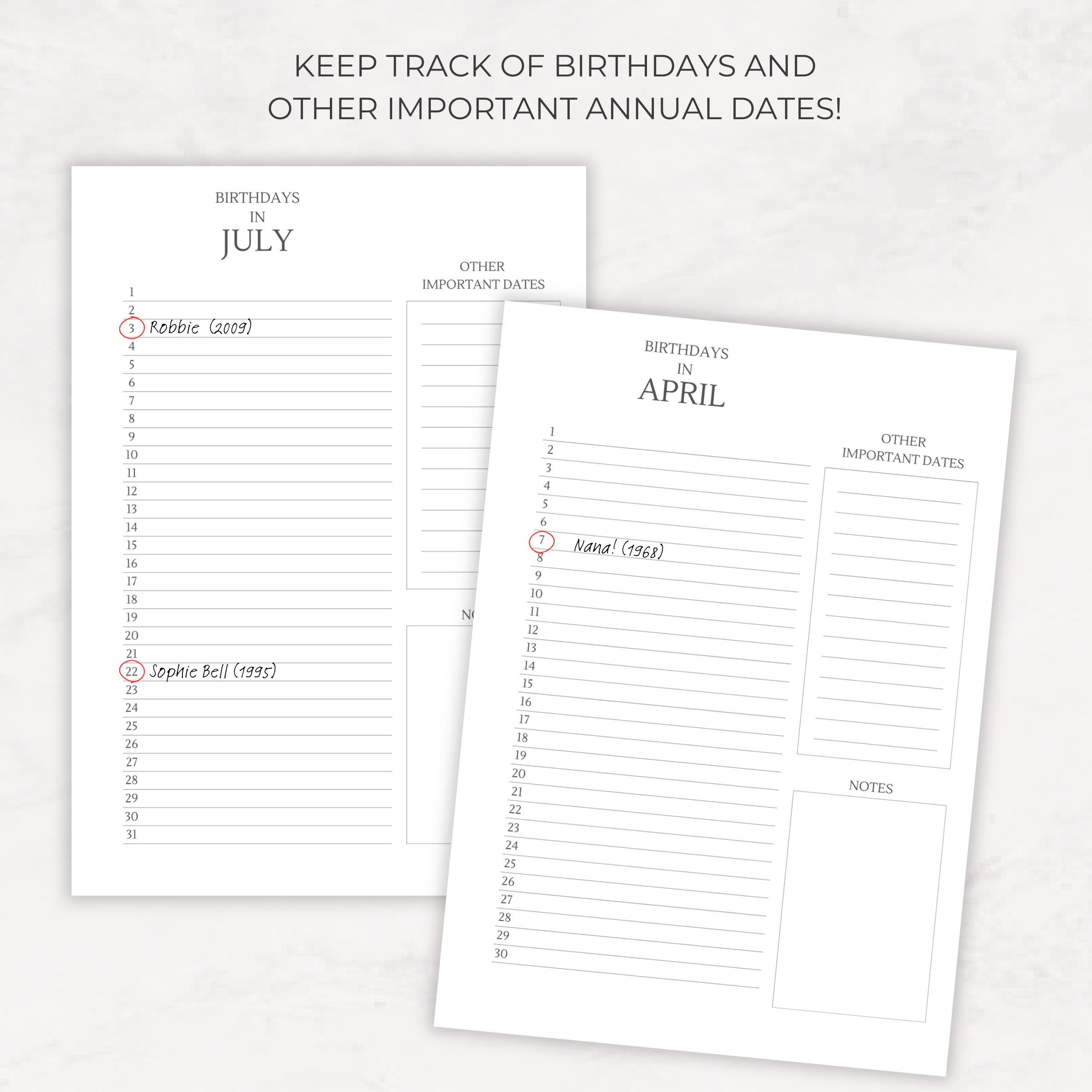 Perpetual Birthday Calendar Printable, Never Forget Birthdays, A4 Wall ...