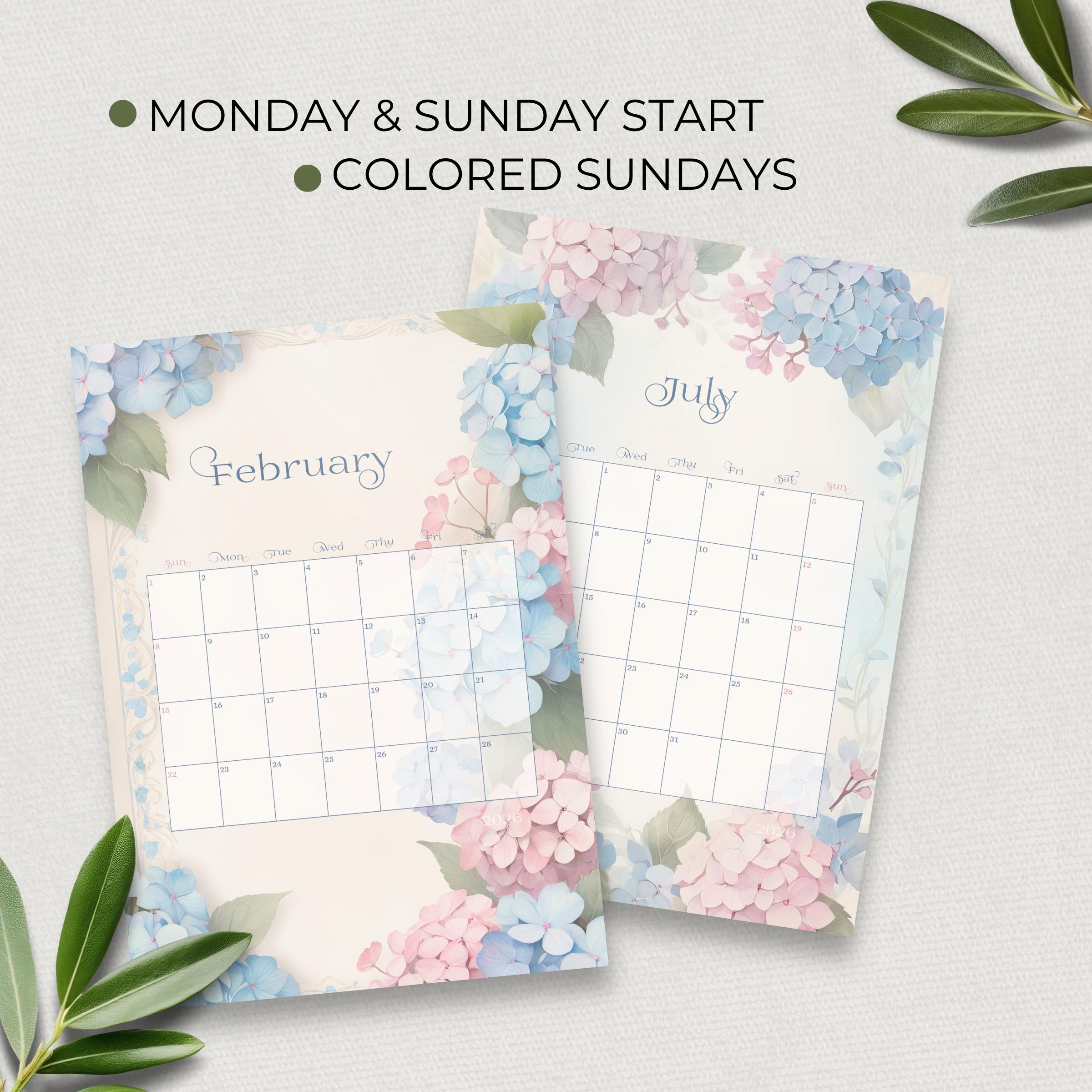 Hydrangea 2026 Wall Calendar: Floral 12-month Planner (A4/A5 PDF ...