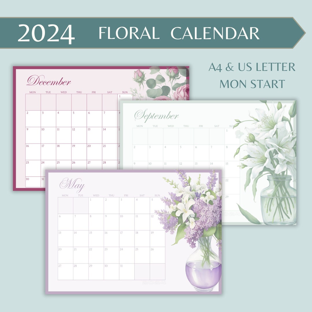 Gorgeous 2024 Floral Calendar Horizontal Design Watercolor - Etsy