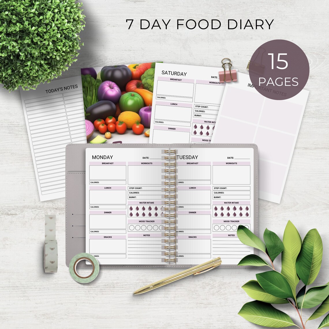 7 Day Food Diary Printable, Calorie Tracker, Instant Download, Daily ...