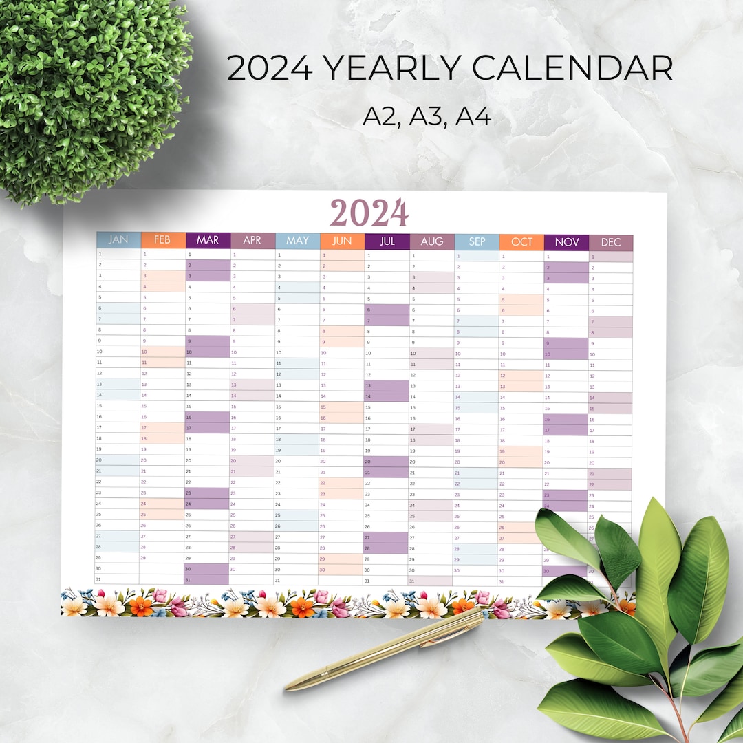 Vivid Color Yearly Calendar 2024, Printable One Page Calendar, Floral ...
