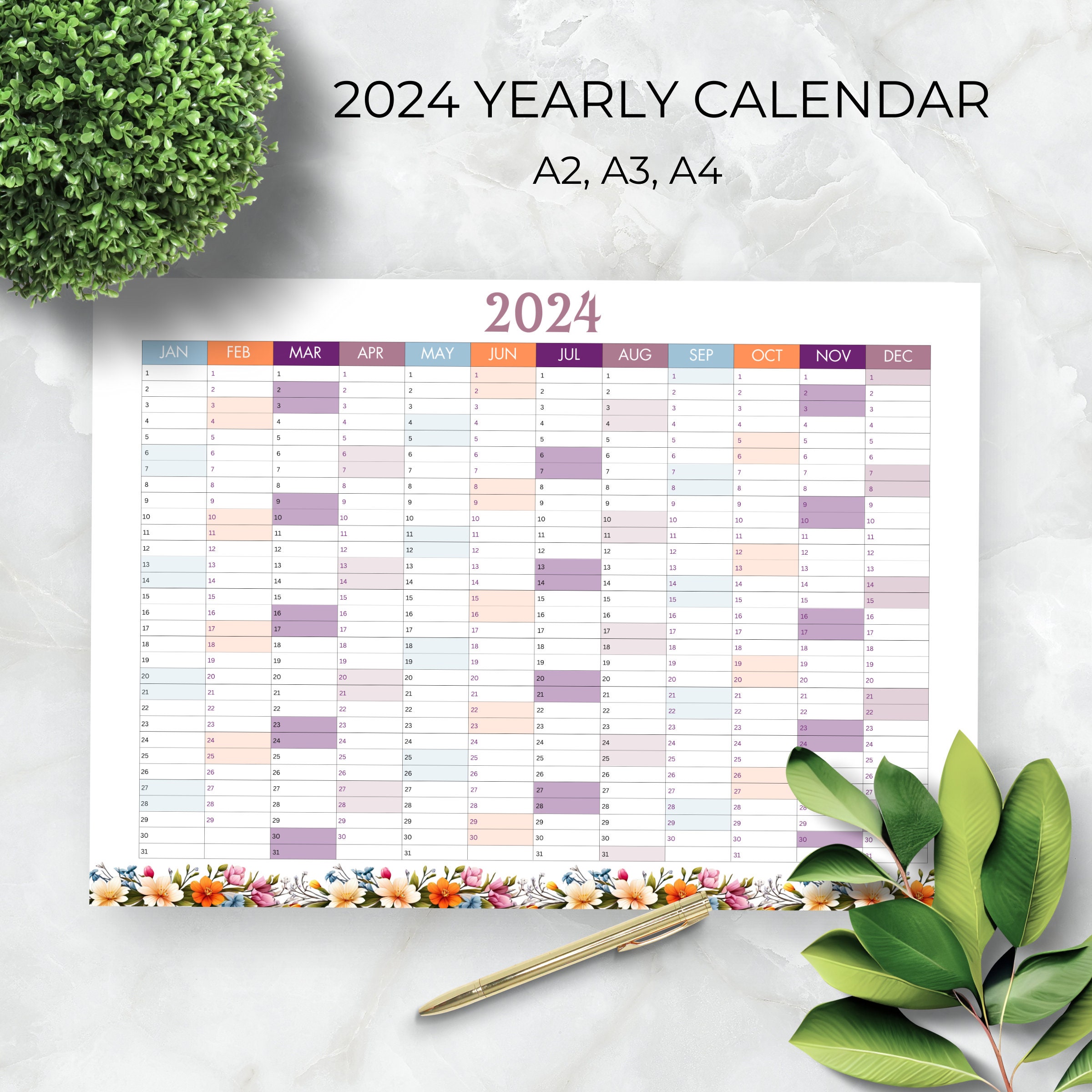 Vivid Color Yearly Calendar 2024, Printable One Page Calendar, Floral ...