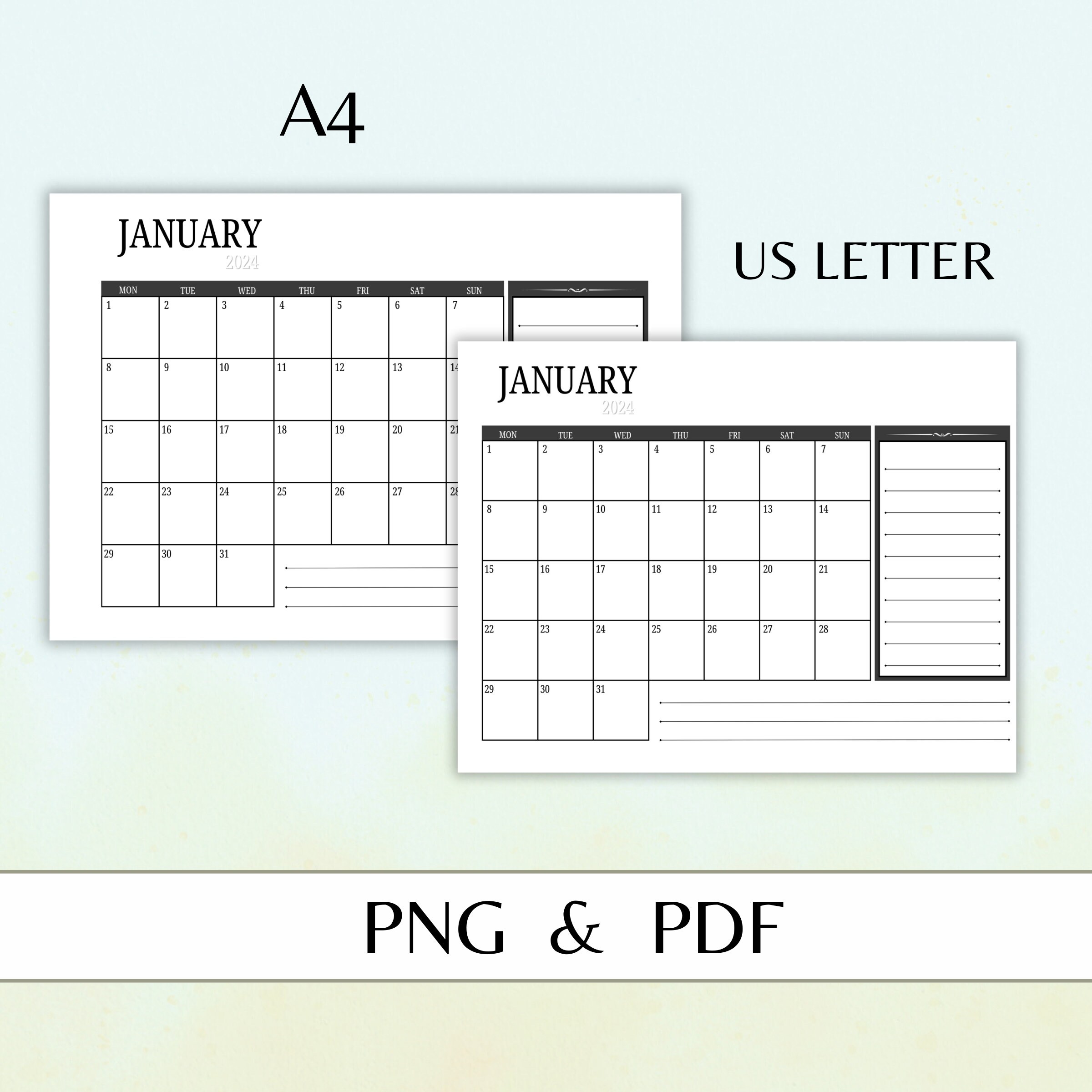 Simple Black and White 2024 Printable Calendar Instant - Etsy