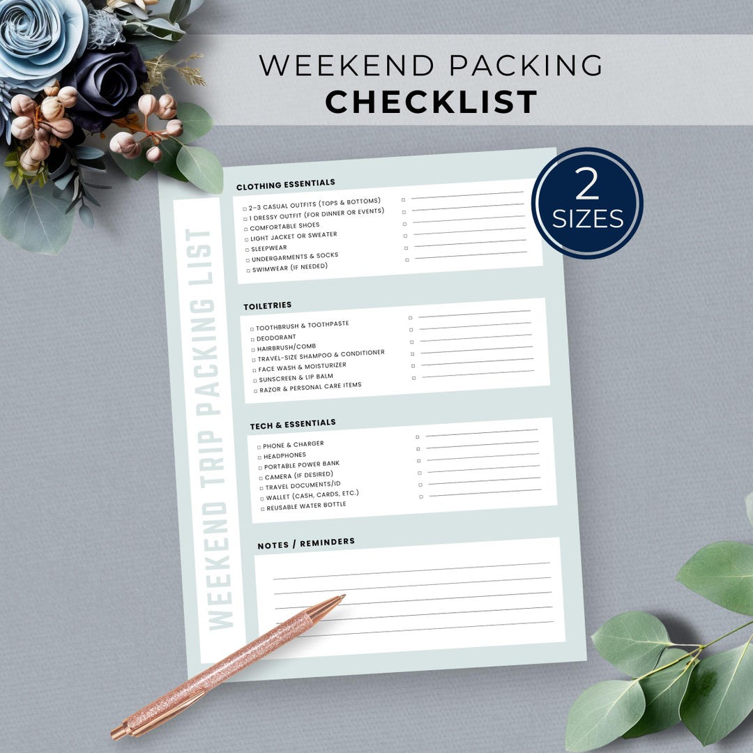 Weekend Travel Packing List, Printable Checklist, Digital Download ...