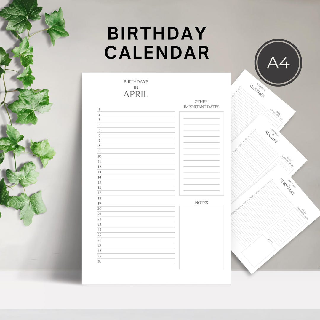 Perpetual Birthday Calendar Printable, Never Forget Birthdays, A4 Wall ...